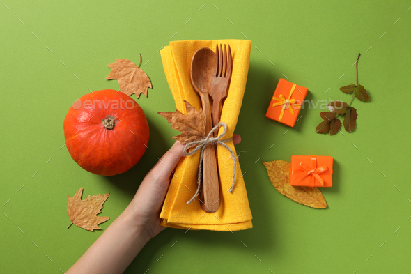 Concept of Thanksgiving day, Autumn table setting, top view Stock Photo ...