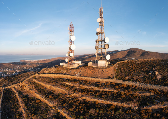 Cell tower. Cellular base station, mobile phone antenna aerial view ...
