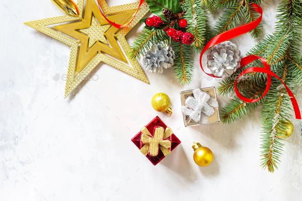 Christmas background with Christmas Present. Top view flat lay ...