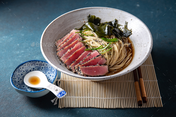 Tuna steak ramen. Japanese soup with noodles ramen, miso, fried tuna ...