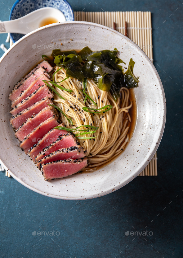 Tuna steak ramen. Japanese soup with noodles ramen, miso, fried tuna ...