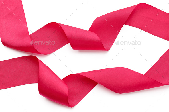 Pink curly satin ribbon isolated on white Stock Photo by FabrikaPhoto