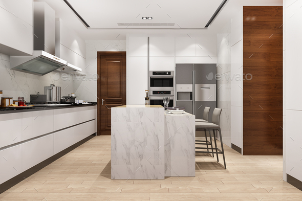 dark wood minimal kitchen with dining ba Stock Photo by dit26978 ...