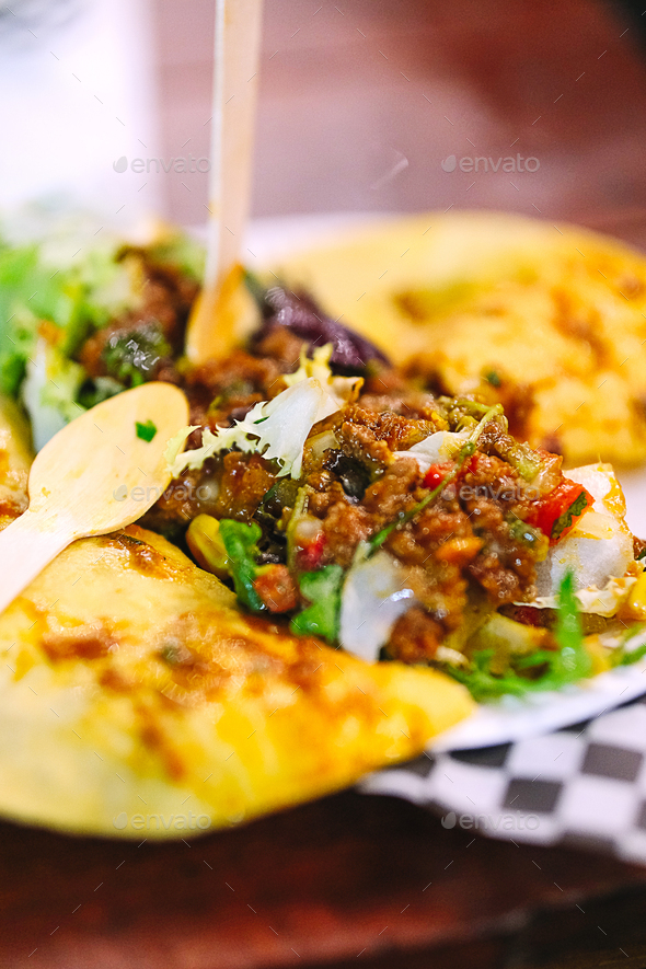 Mexican food photography. Taco open seeing all the condiments. Stock ...