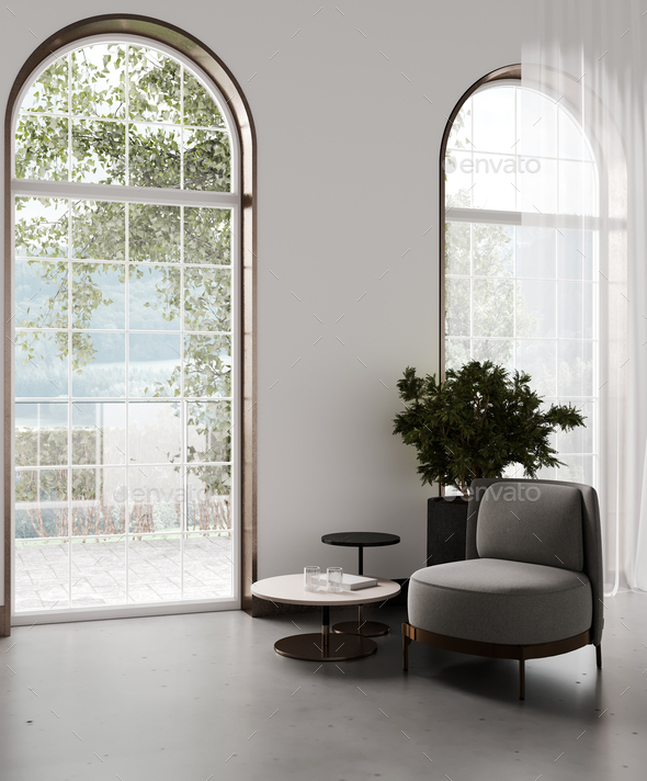 Modern interior have big arch window with garden view and stylish chair ...