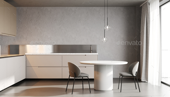 Modern light kitchen interior with dining area and window, 3d rendering Stock Photo by lytvynliliia