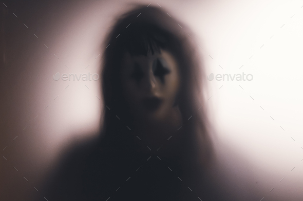 Shadowy figure behind glass - horror background Stock Photo by erika8213
