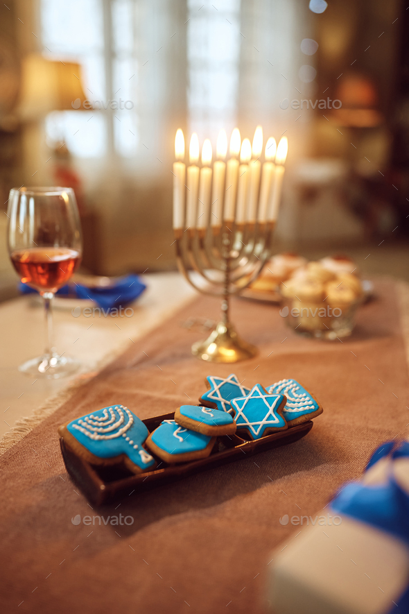 Jewish cookies on decorated dining table for Hanukkah. Stock Photo by ...