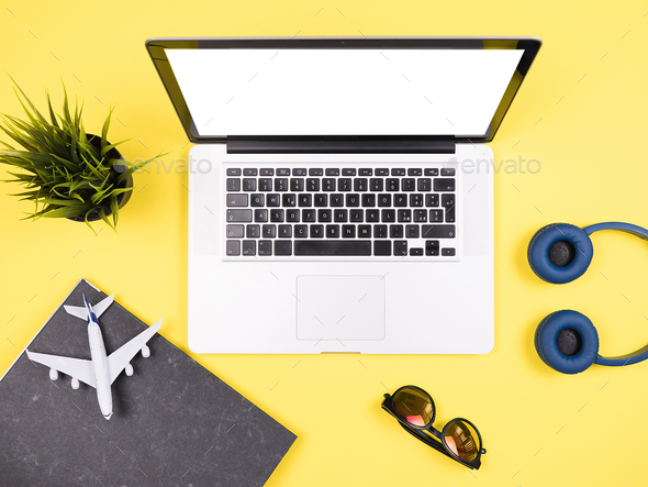 Traveler businessman top view yellow desk concept image Stock Photo by ...