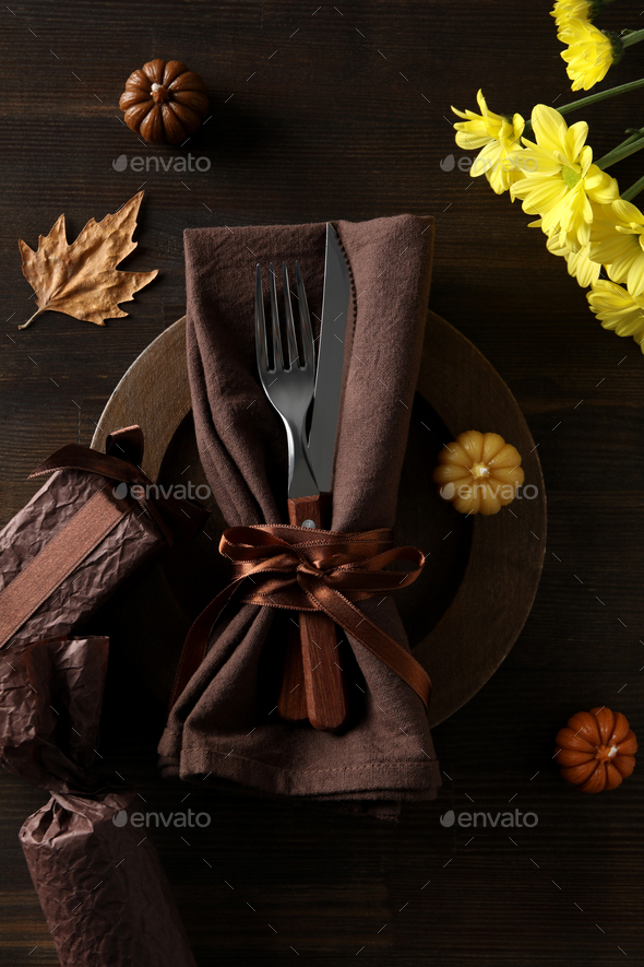 Concept of Thanksgiving day, Autumn table setting, top view Stock Photo ...