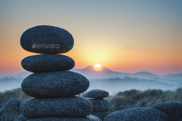 Rounded piled rocks, wellness spa health wellbeing, outdoor nature ...