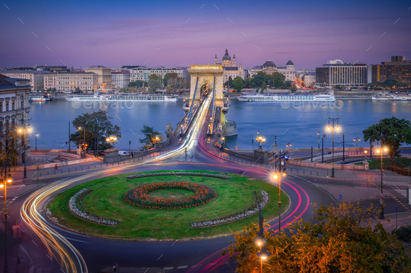 Aerial view of Clark Adam Square roundabout with Szechenyi Chain Bridge ...