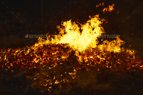 Bonfire flames by night. Combustion and flammable place. Hell Stock ...