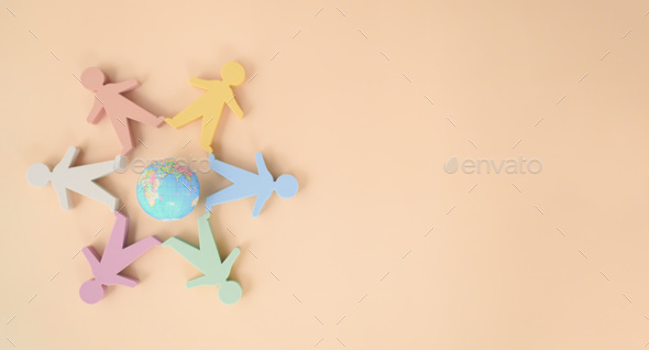 Top view model of group people standing around globe model. Stock Photo ...