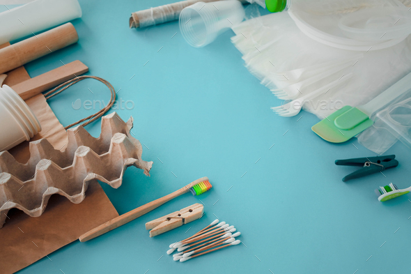 Set of plastic items and replacing them with eco tableware wooden and ...