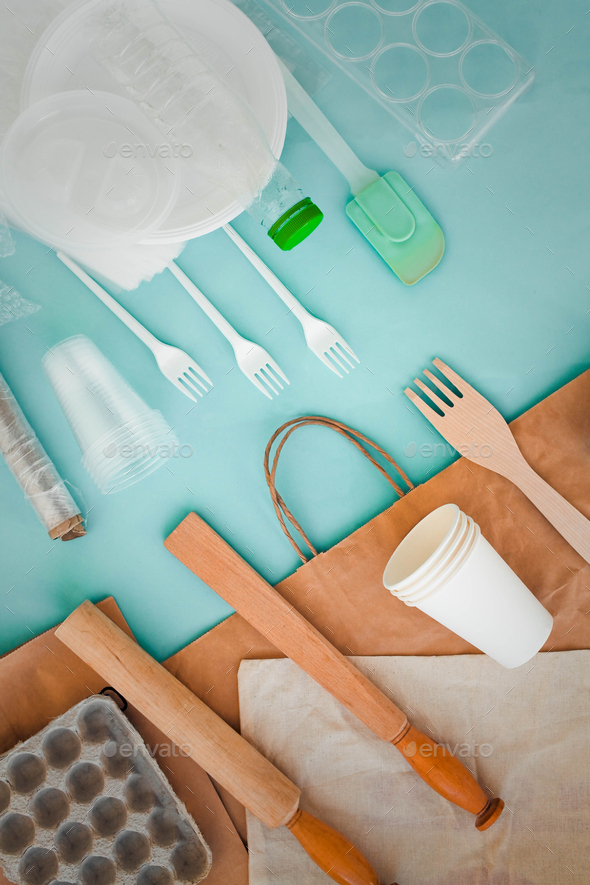 Set of plastic items and replacing them with eco wooden tableware and ...