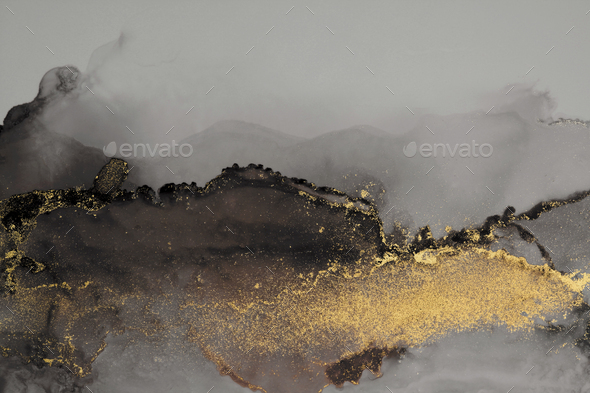 Art Abstract watercolor flow blot painting. Black and gold Color marble ...