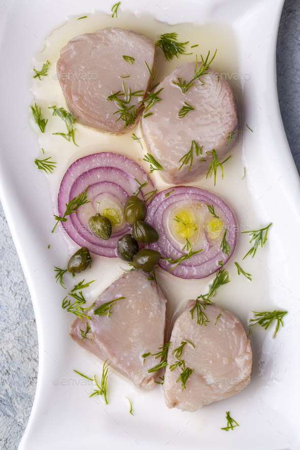 Turkish appetizer Pickled Tunny Fish with Olive Oil (Turkish name ...