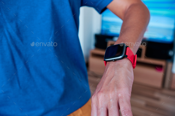 woman arm using smartwatch to control activity indoor Stock Photo by ...