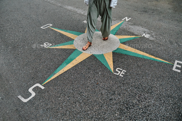 Cardinal points on the asfalt and unrecognizable woman heading south ...