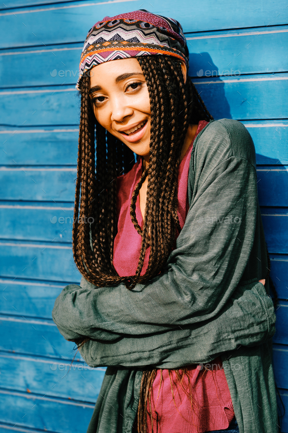 portrait of black woman with braids - real people concept Stock Photo ...