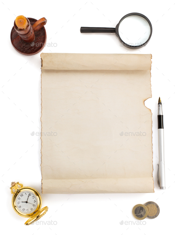 parchment scroll and supplies on white Stock Photo by seregam | PhotoDune