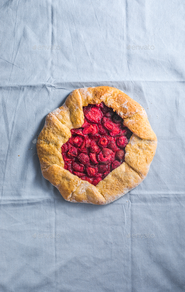 galetta with strawberries at home, top view on a blue background Stock ...