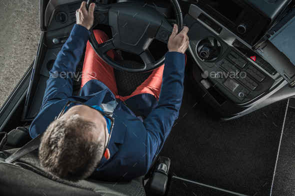 Shuttle Bus Caucasian Driver and Vehicle Cockpit Top View Stock Photo ...