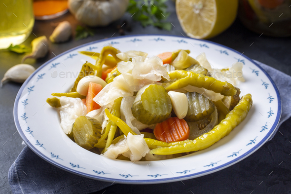 Assorted mixed pickled vegetables in bowl - plate, Turkish name; tursu ...