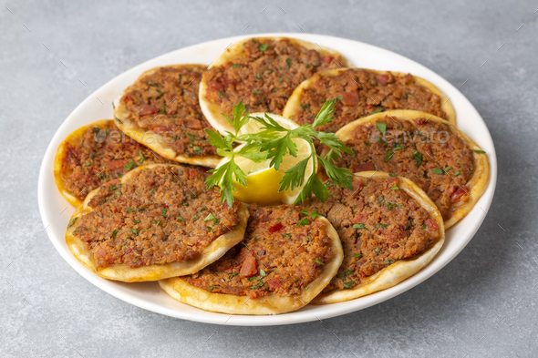 Turkish Food Findik Lahmacun - Mini Pizza Stock Photo by esindeniz