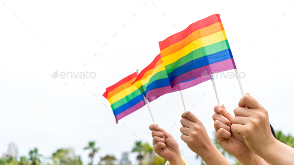 LGBTQ Rainbow Flags being waved symbol of Diversity Gay and lesbian for ...