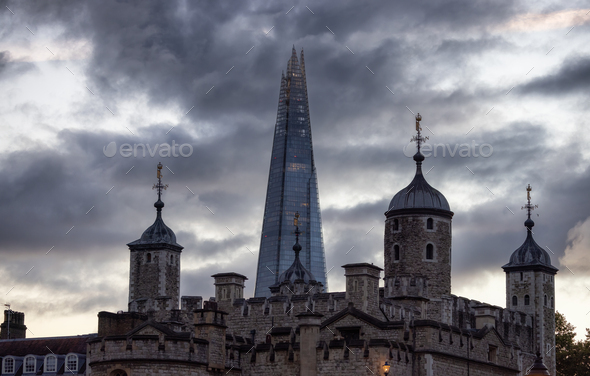 Historic Brick Building, Tower of London, in a modern city during ...