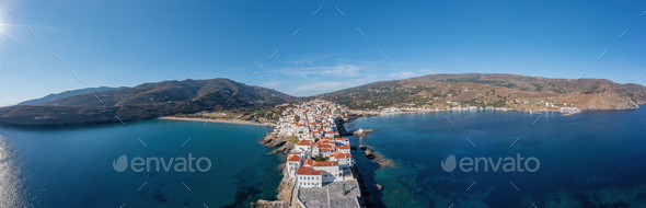 Andros Island, Greece. Chora town aerial panorama. Traditional ...