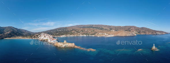 Andros Island, Greece. Chora town aerial panorama. Buildings on cape ...