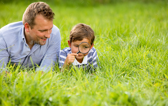 Father and son watching bugs in the grass using magnifying glass Stock ...