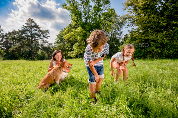 Mom with happy children and their dog walking outdoor Stock Photo by ...