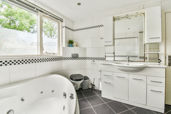 Shower box in modern bathroom with luxury bathtub Stock Photo by pro ...