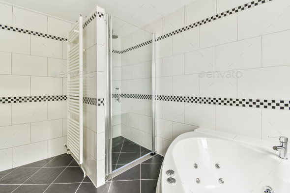 Shower box in modern bathroom with luxury bathtub Stock Photo by pro ...