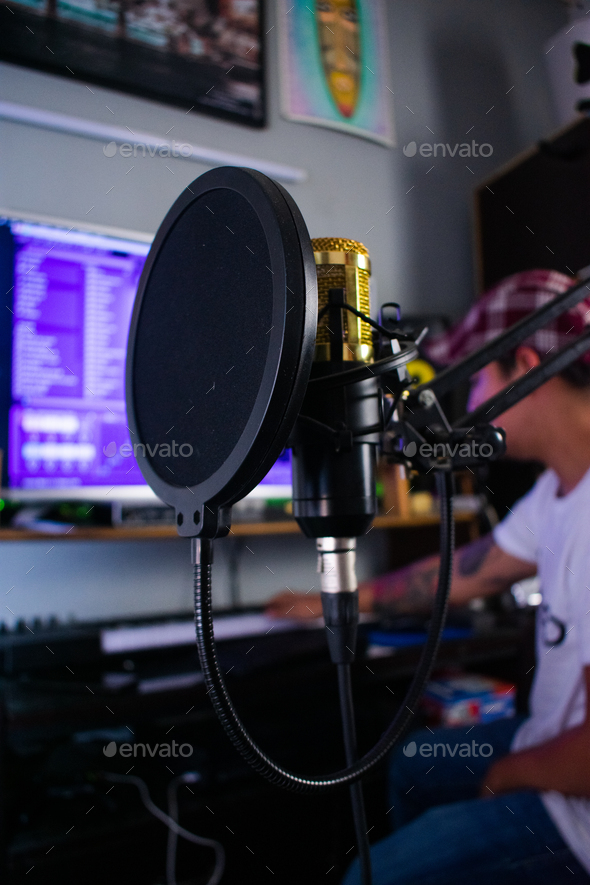 Microphone condenser with anti-pop filter Stock Photo by jonnyslim