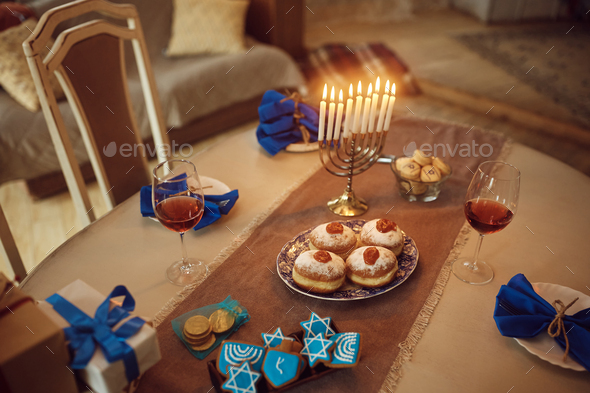 Table setting prepared for celebration of Jewish Festival of lights ...