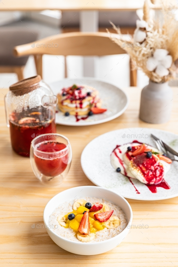 Concept of healthy breakfast in cafe with kinfolk style interior. Stock ...