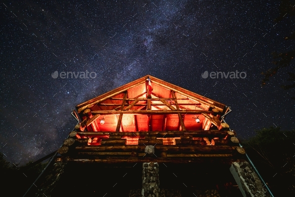 Night sky and a cabin log Stock Photo by jurnalfotografic | PhotoDune