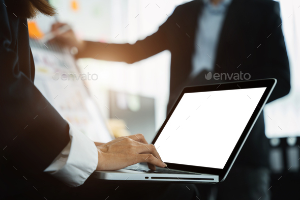 Computer screen, hand Male work using laptop. Stock Photo by thichas
