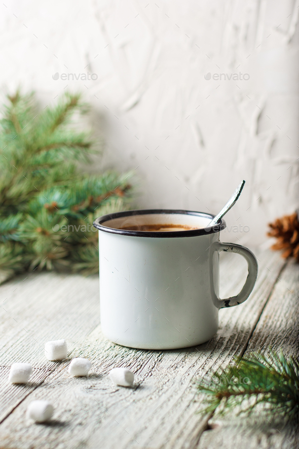 Hot coffee with marshmallow in a white mug with fir tree branch. Winter ...