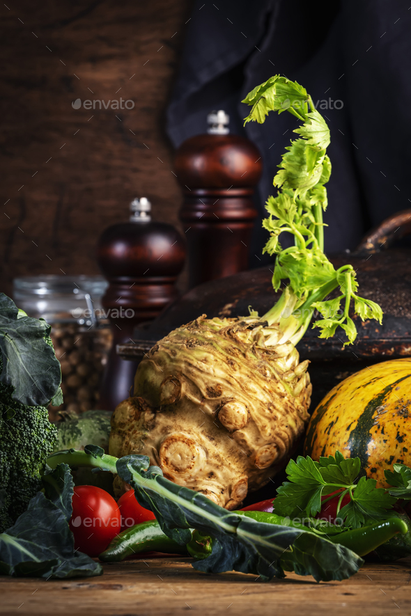 Autumn food cooking background with organic farm vegetables: celery ...