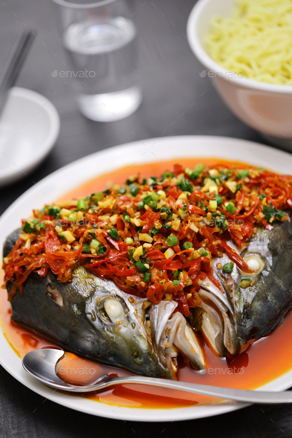 steamed fish head with chopped hot red peppers, Chinese Hunan cuisine ...