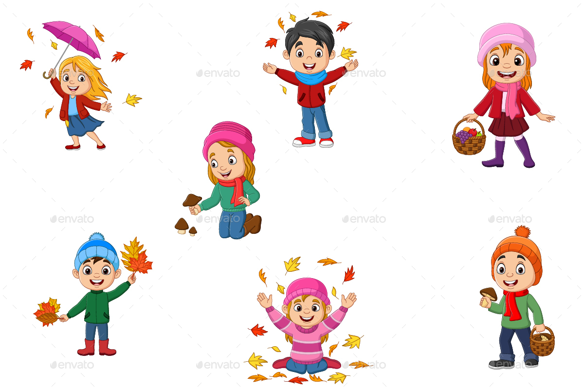 Set of Seven Fall Kids Cartoon, Vectors | GraphicRiver