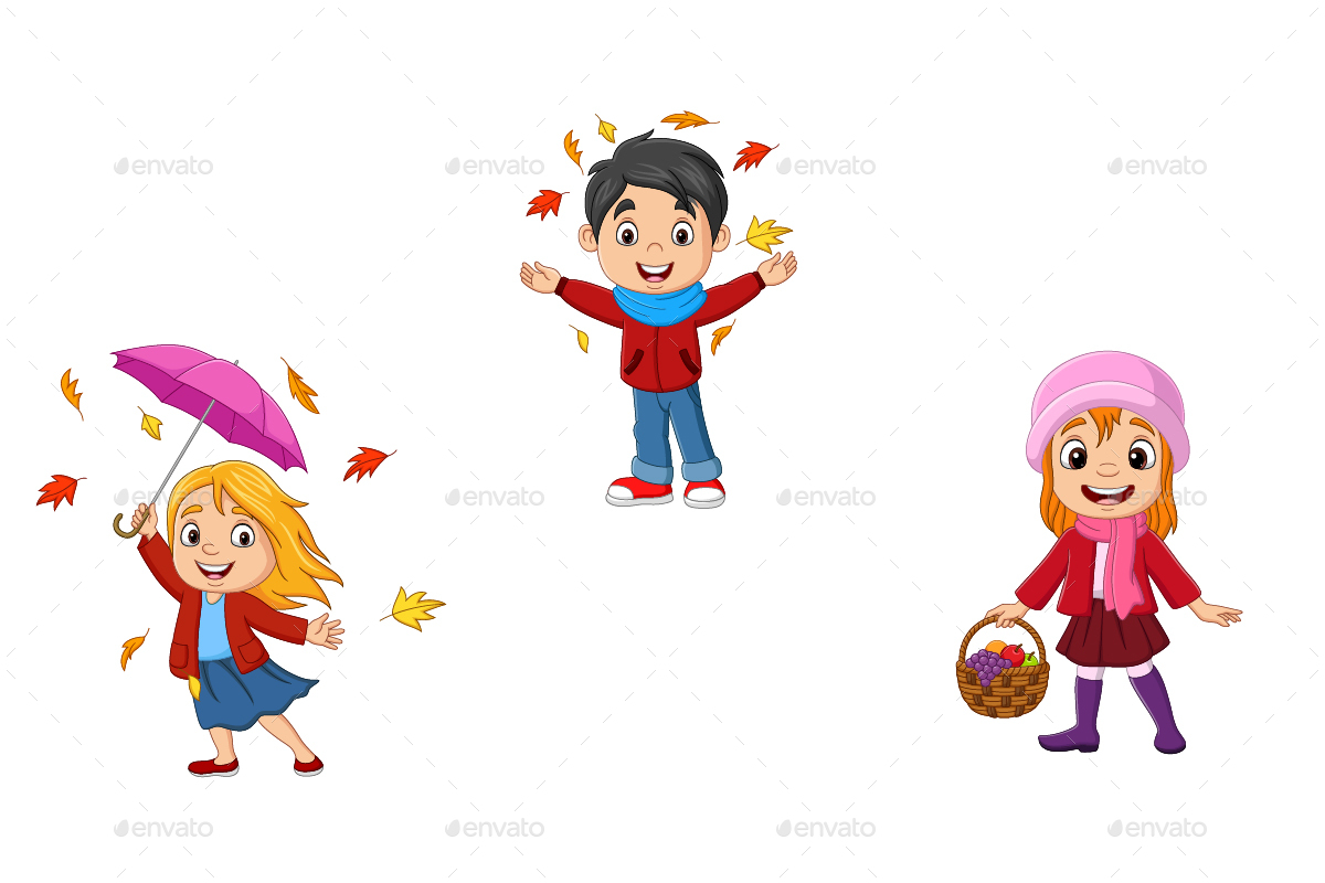 Set of Seven Fall Kids Cartoon, Vectors | GraphicRiver