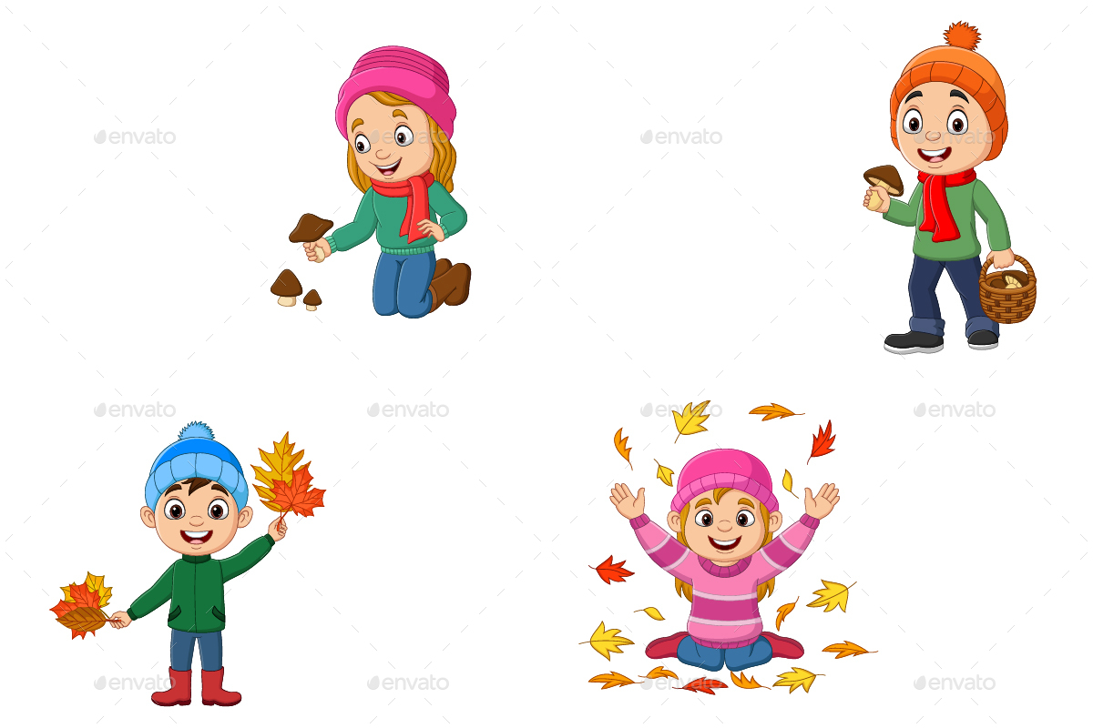 Set of Seven Fall Kids Cartoon, Vectors | GraphicRiver