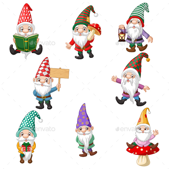 Set of Eight Gnomes Cartoon, Vectors | GraphicRiver